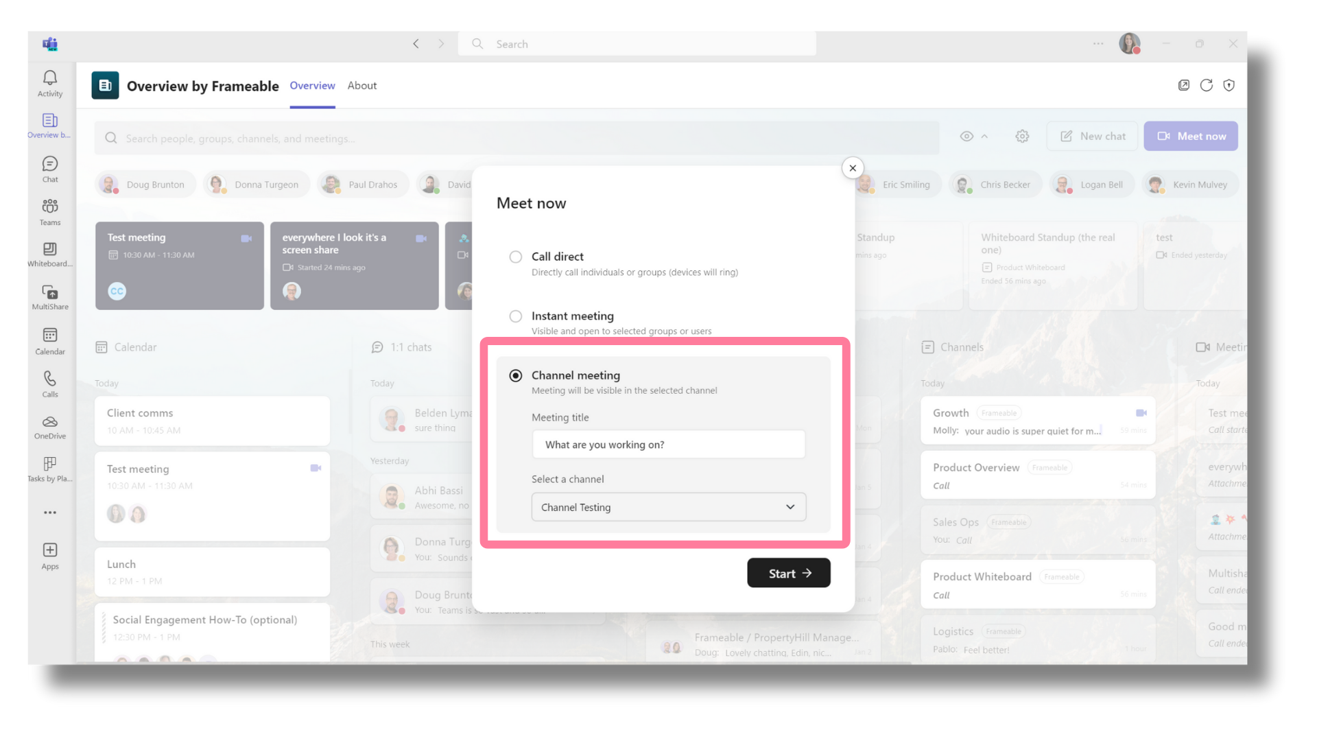 Starting a Meeting Using the 'Meet Now' Button in Overview
