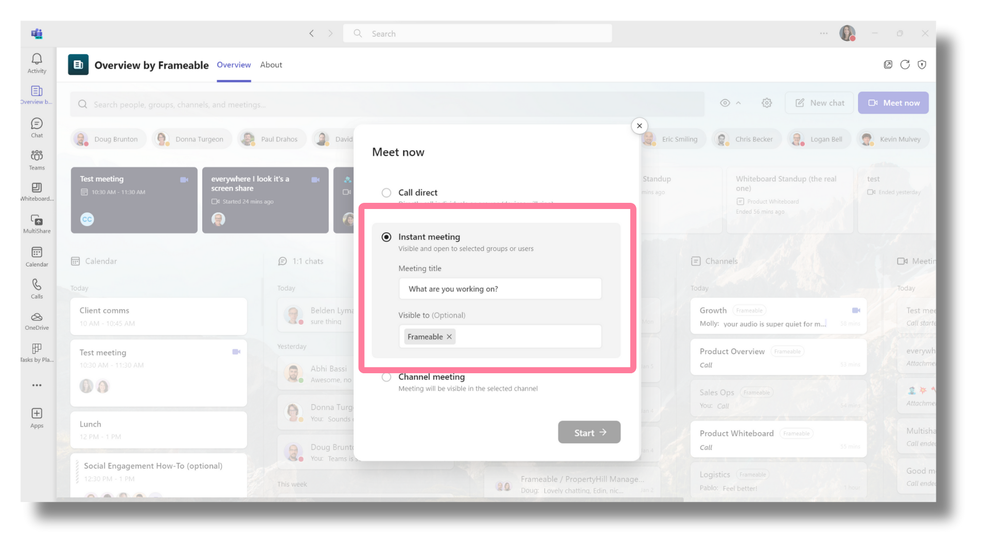 Starting a Meeting Using the 'Meet Now' Button in Overview