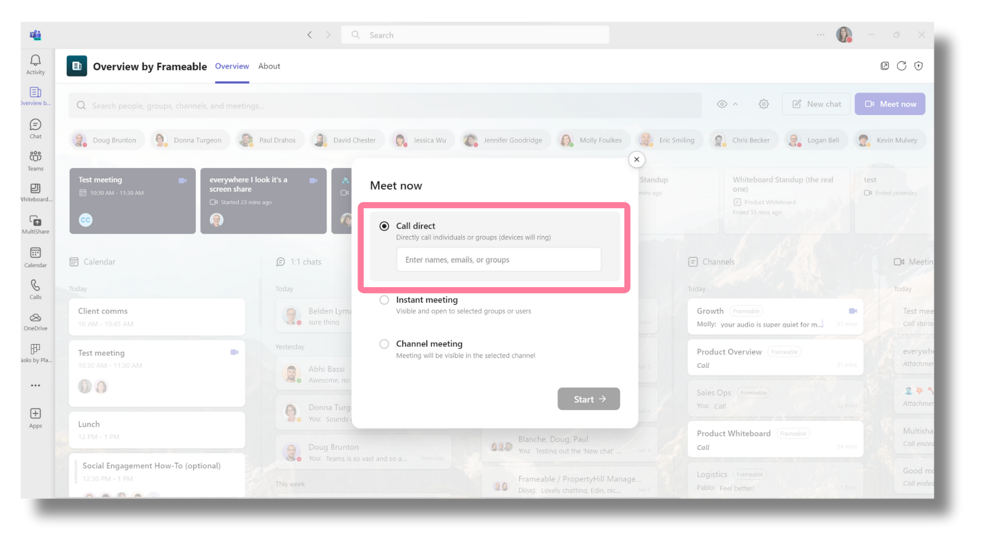 Starting a Meeting Using the 'Meet Now' Button in Overview